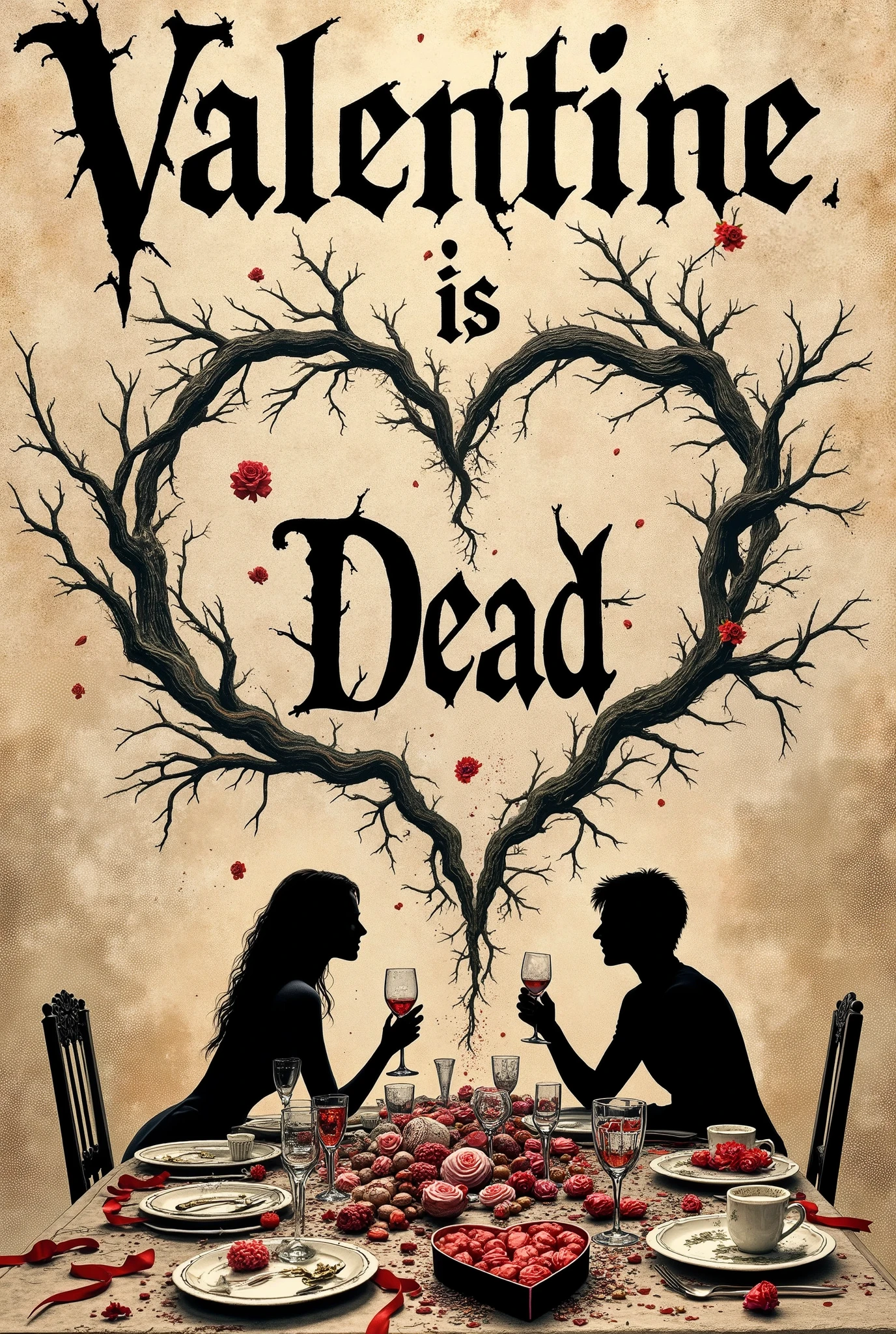 There is a poster of a couple sitting at a table with a heart shaped ...