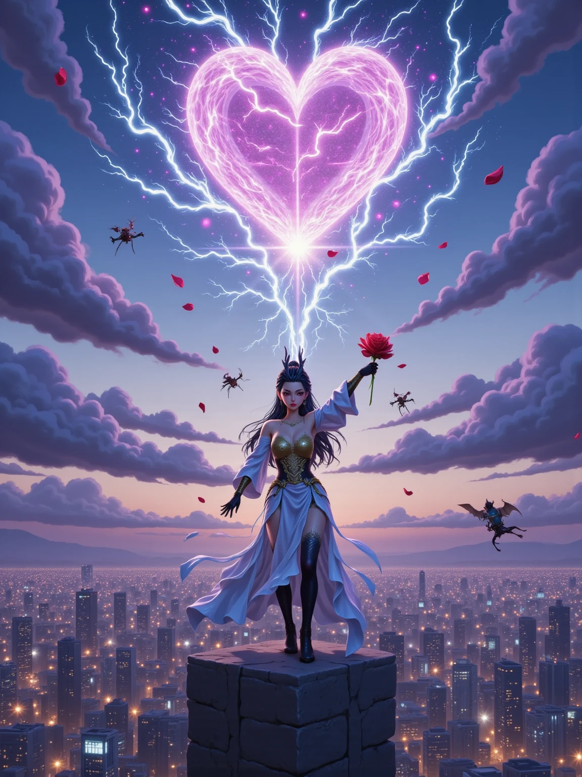 Aorun stands atop skyscraper clutching lightning-wreathed crimson rose ...