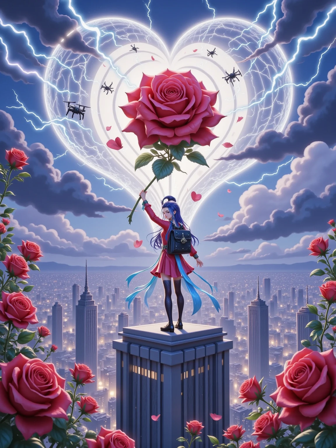 Aorun stands atop skyscraper clutching lightning-wreathed crimson rose ...