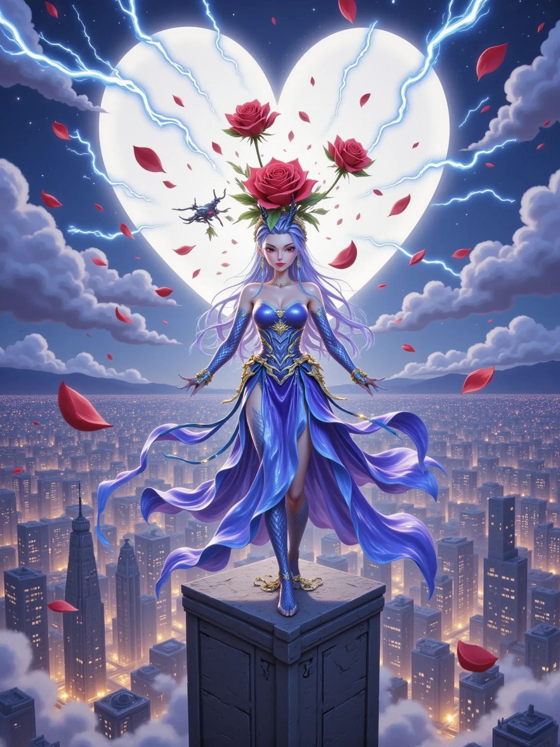 Aorun stands atop skyscraper clutching lightning-wreathed crimson rose ...