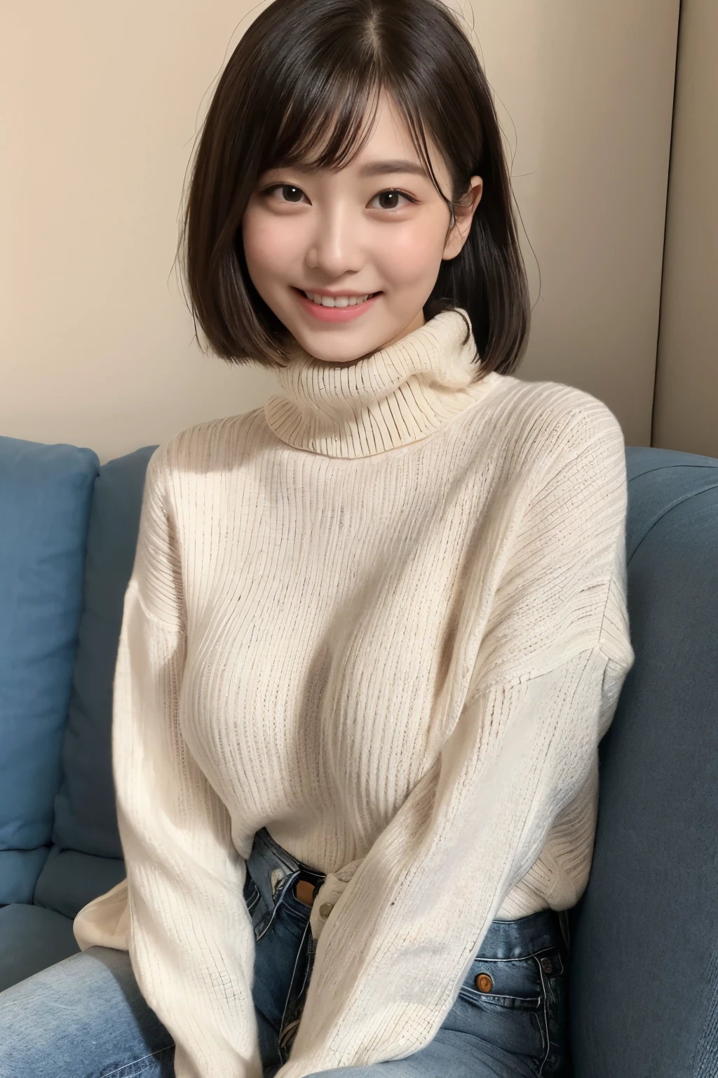 A woman sitting on a couch wearing a white sweater and jeans - SeaArt AI