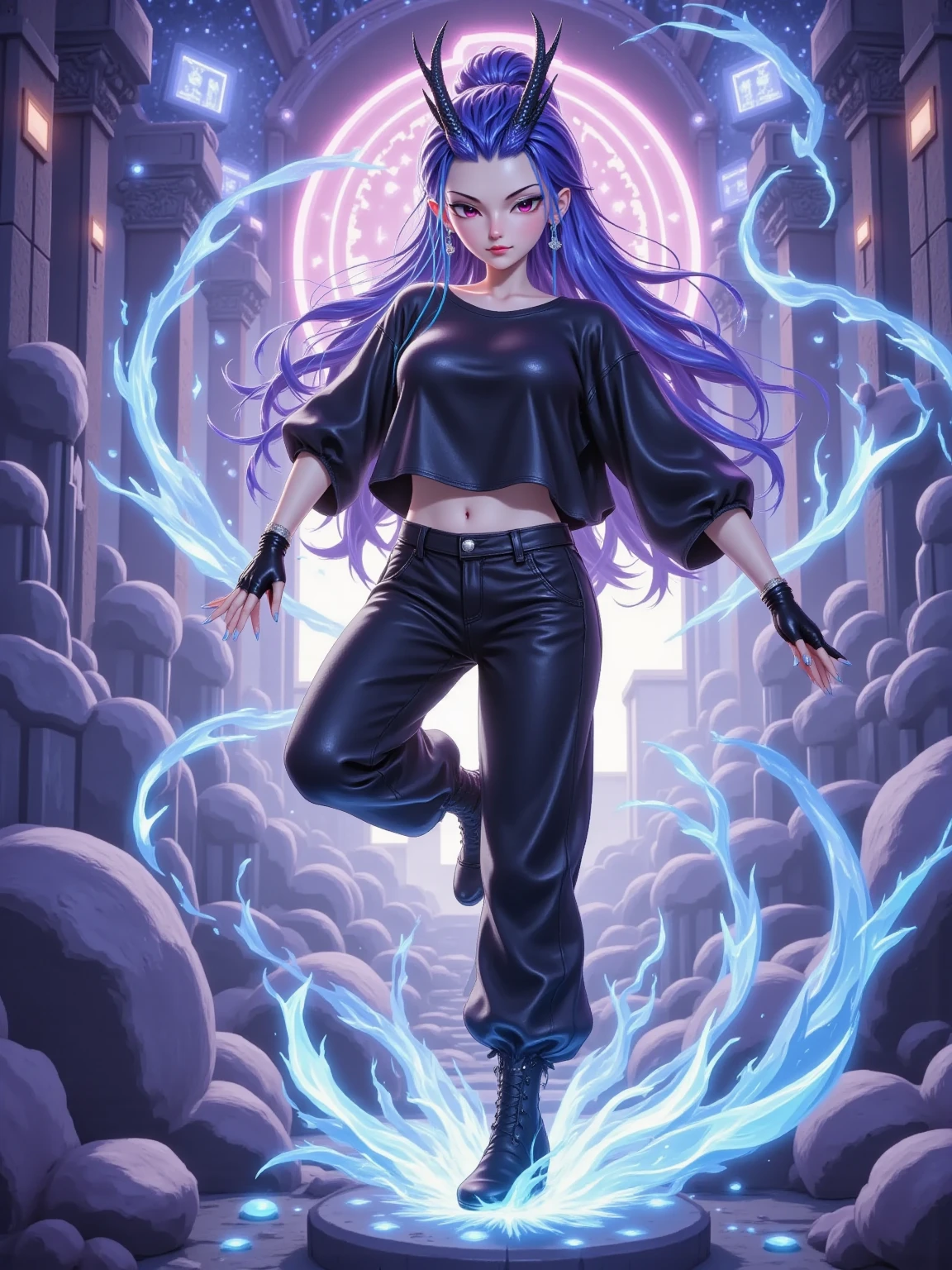 Aorun, 1girl, mob psycho, full body, looking at viewer, baggy pants ...