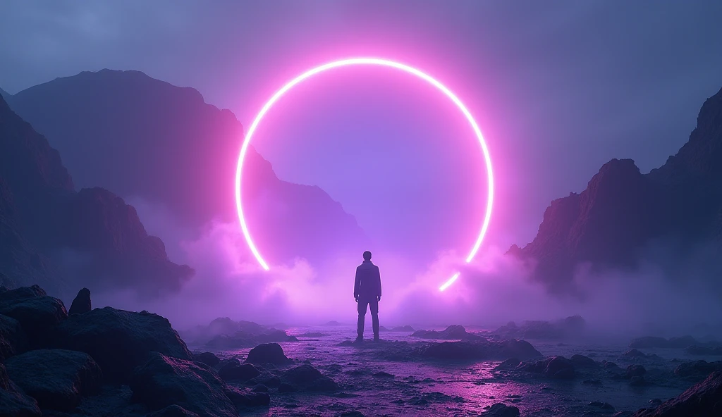 A surreal, mystical landscape with a lone figure standing before a ...