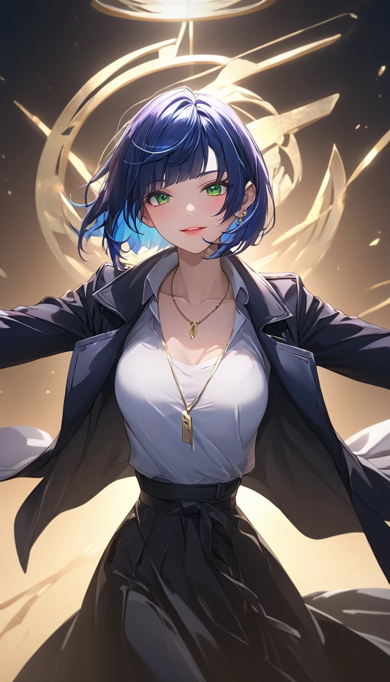 Model wearing an untied designer long black trench coat,white t - SeaArt AI