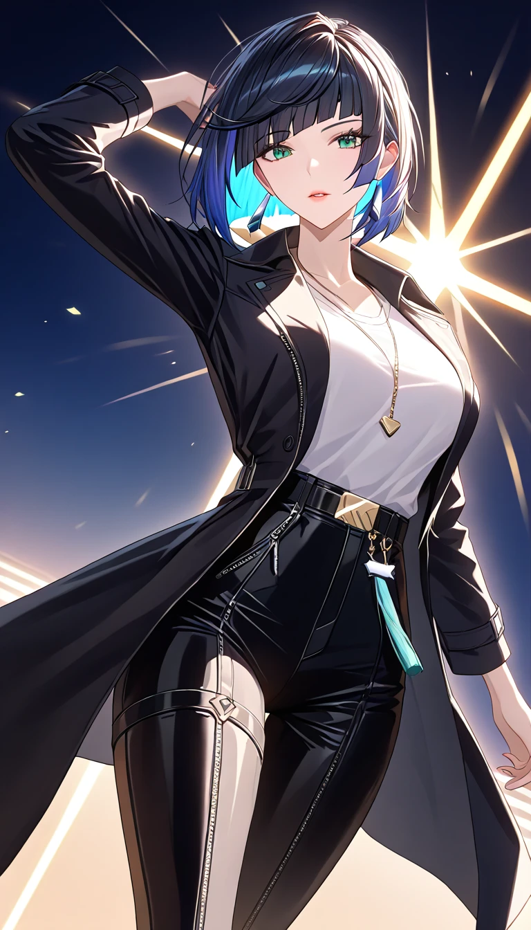 Model wearing an untied designer long black trench coat,white t - SeaArt AI