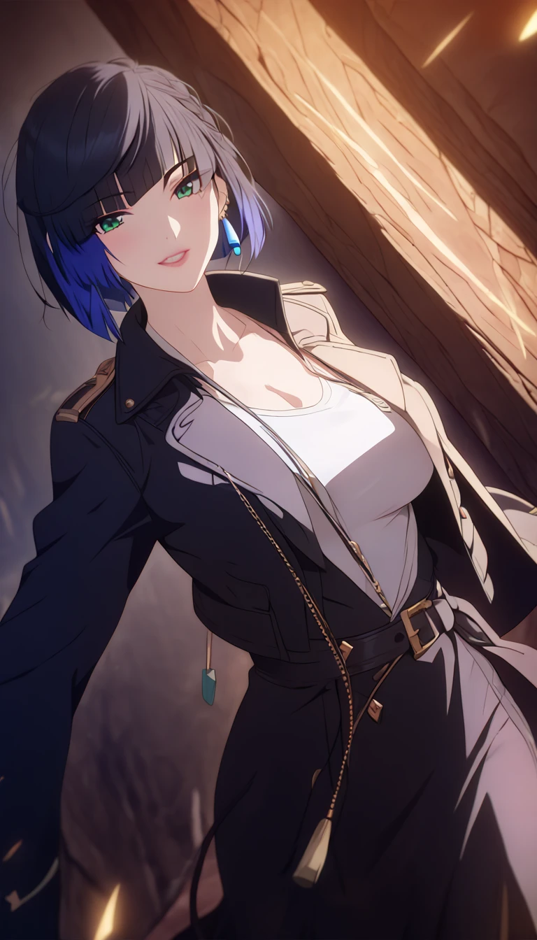 Model wearing an untied designer long black trench coat,white t - SeaArt AI