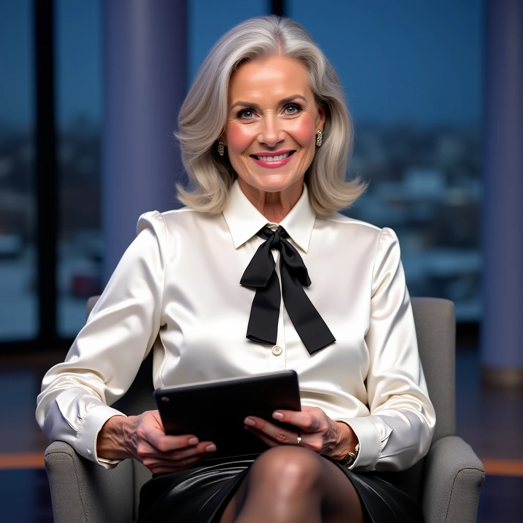 TV news anchor, an elderly woman, sitting with legs crossed visible ...