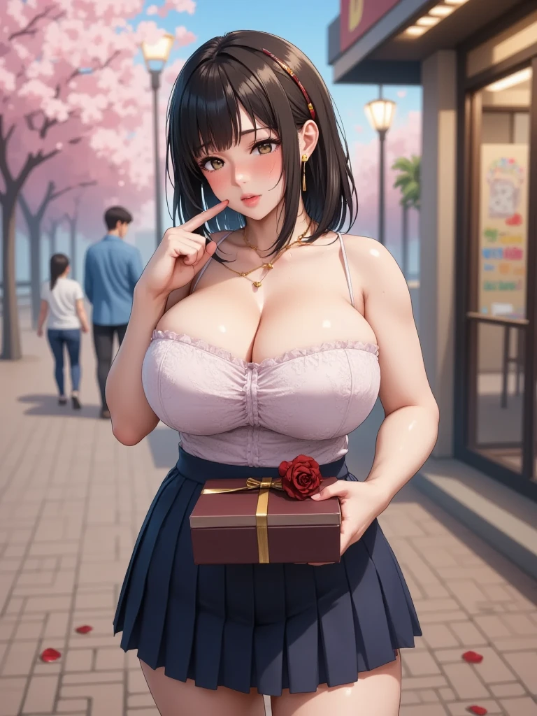 riverside walk with cherry blossoms ， Young girls dressed in high school exchan - SeaArt AI