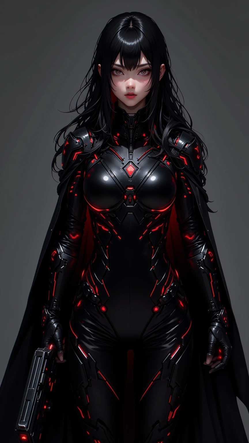 Futuristic and smooth electronic female body black cloak armor - SeaArt AI
