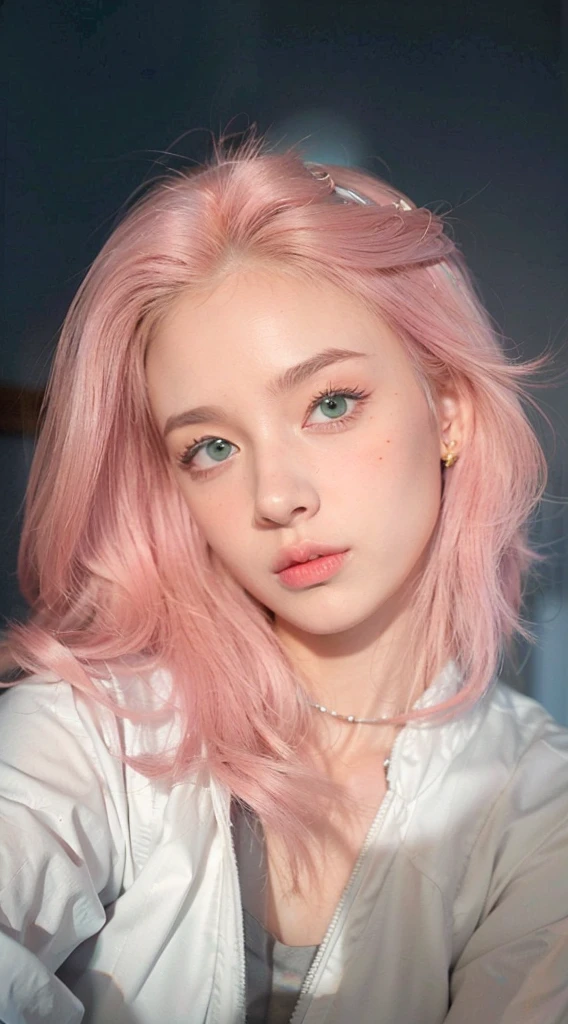 Young woman, short shoulder-length pink hair, wide forehead, porcelain ...