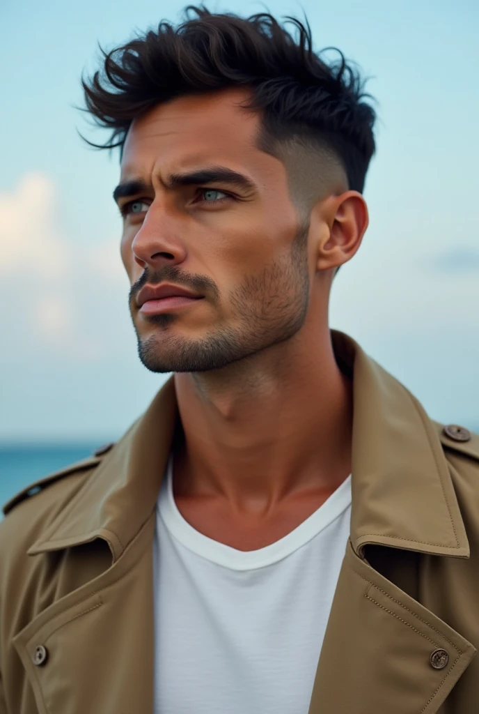 Tanned skinned man, handsome, with delicate features and a marked jaw ...