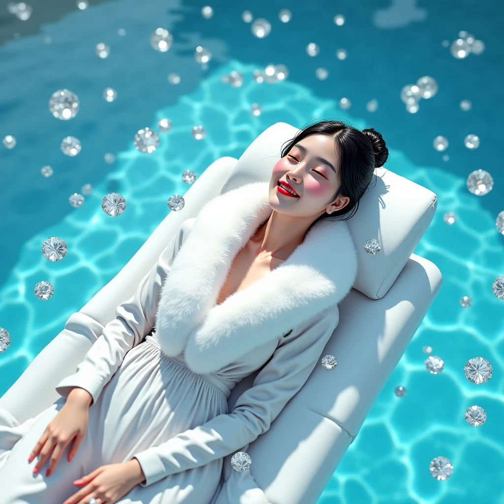 In the middle of the image A happy asian woman in White clothes And a ...