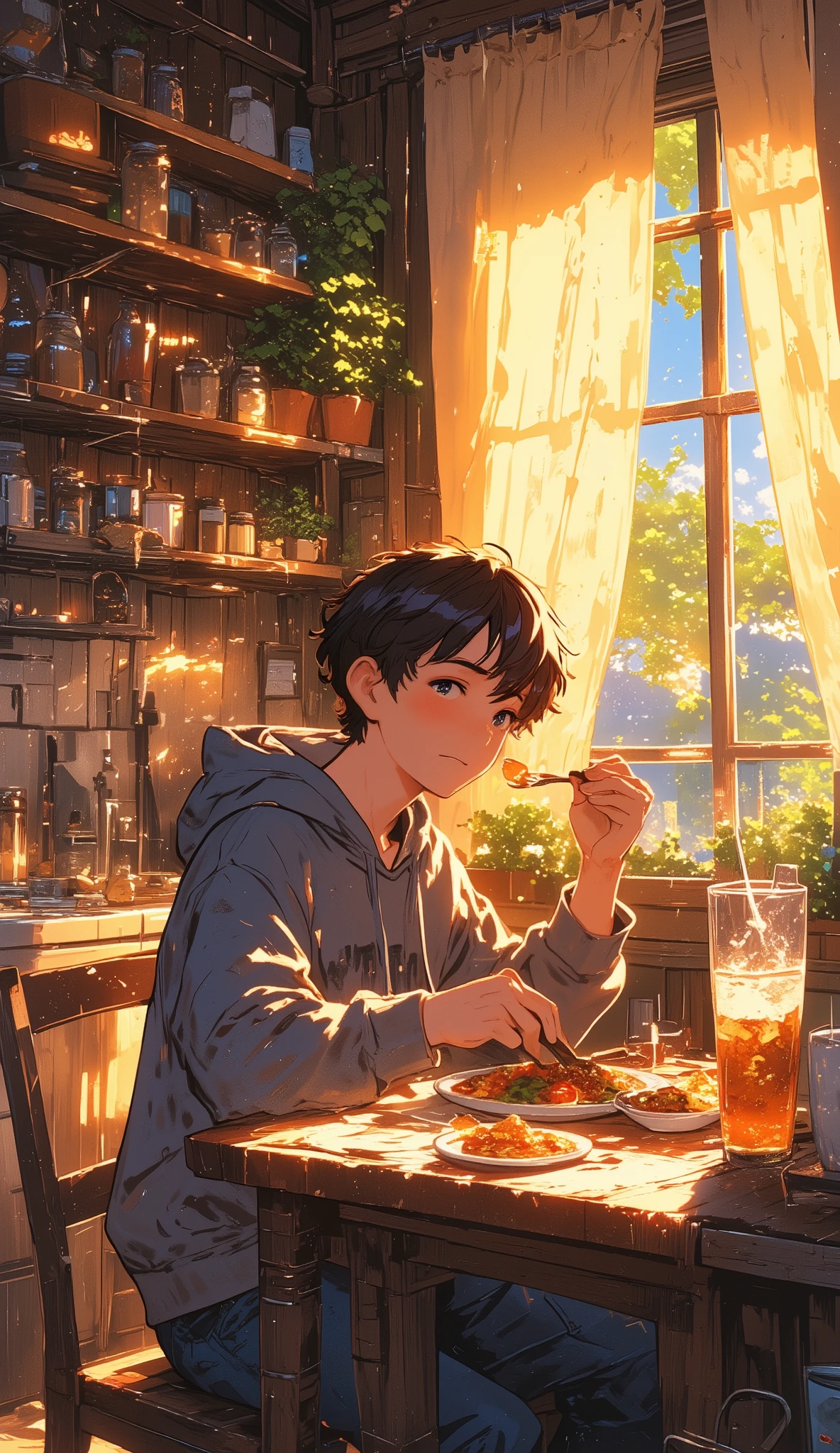 Anime boy eating food at a table in a kitchen - SeaArt AI