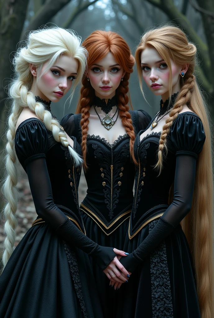 ((Three girls)),(princess Elsa long braided white hair),(princess Anna ...
