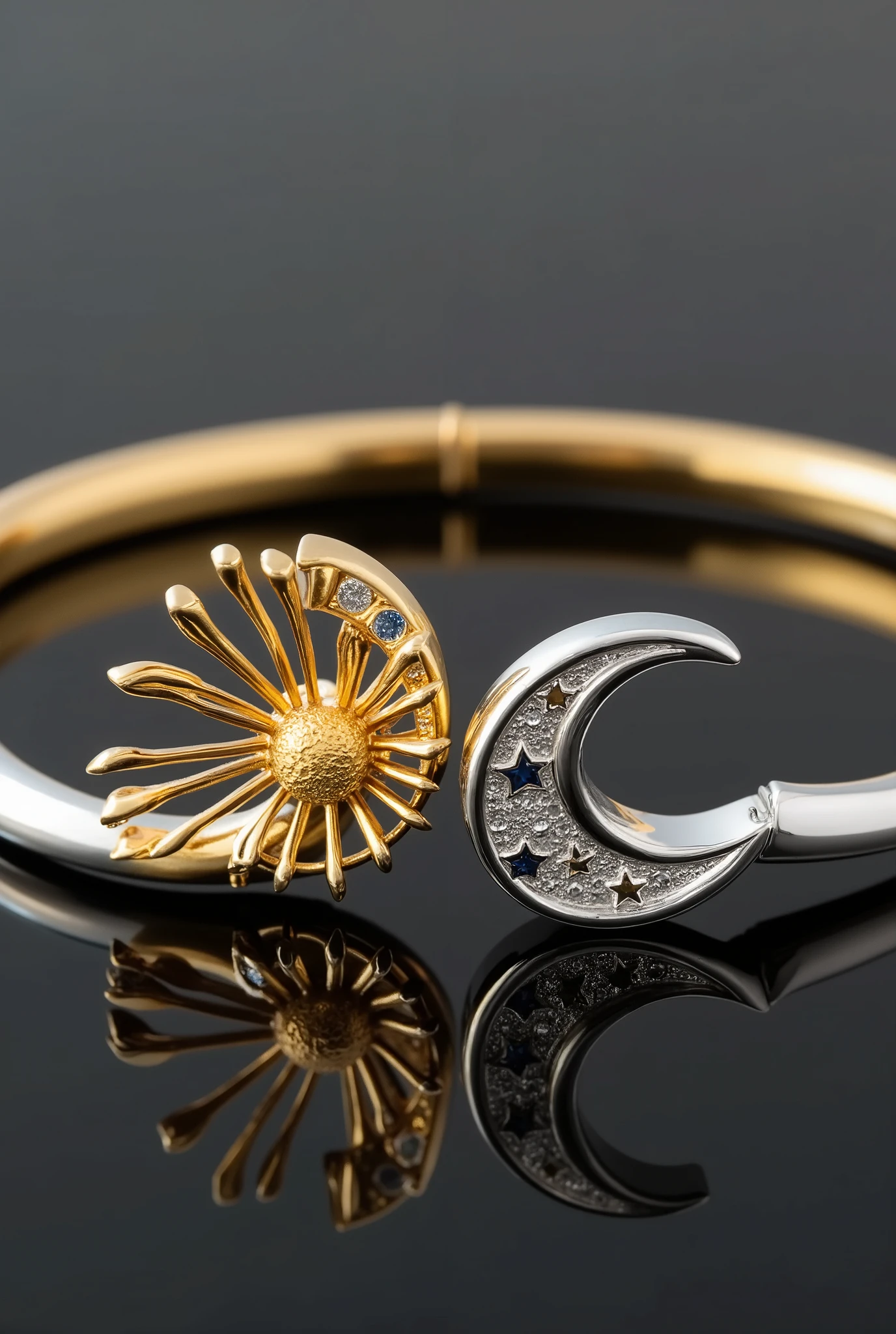A close up of a gold and silver bracelet with a crescent - SeaArt AI
