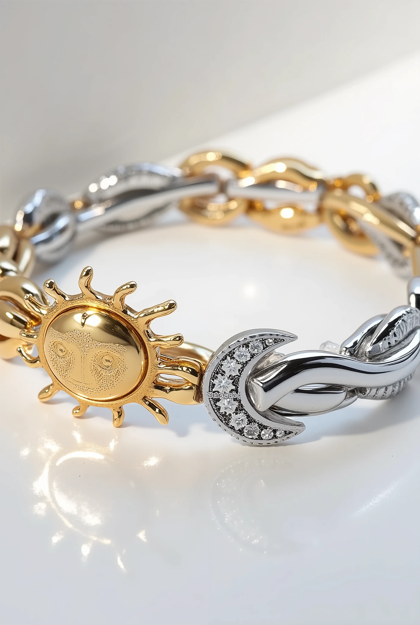 A close up of a bracelet with a sun and a diamond - SeaArt AI