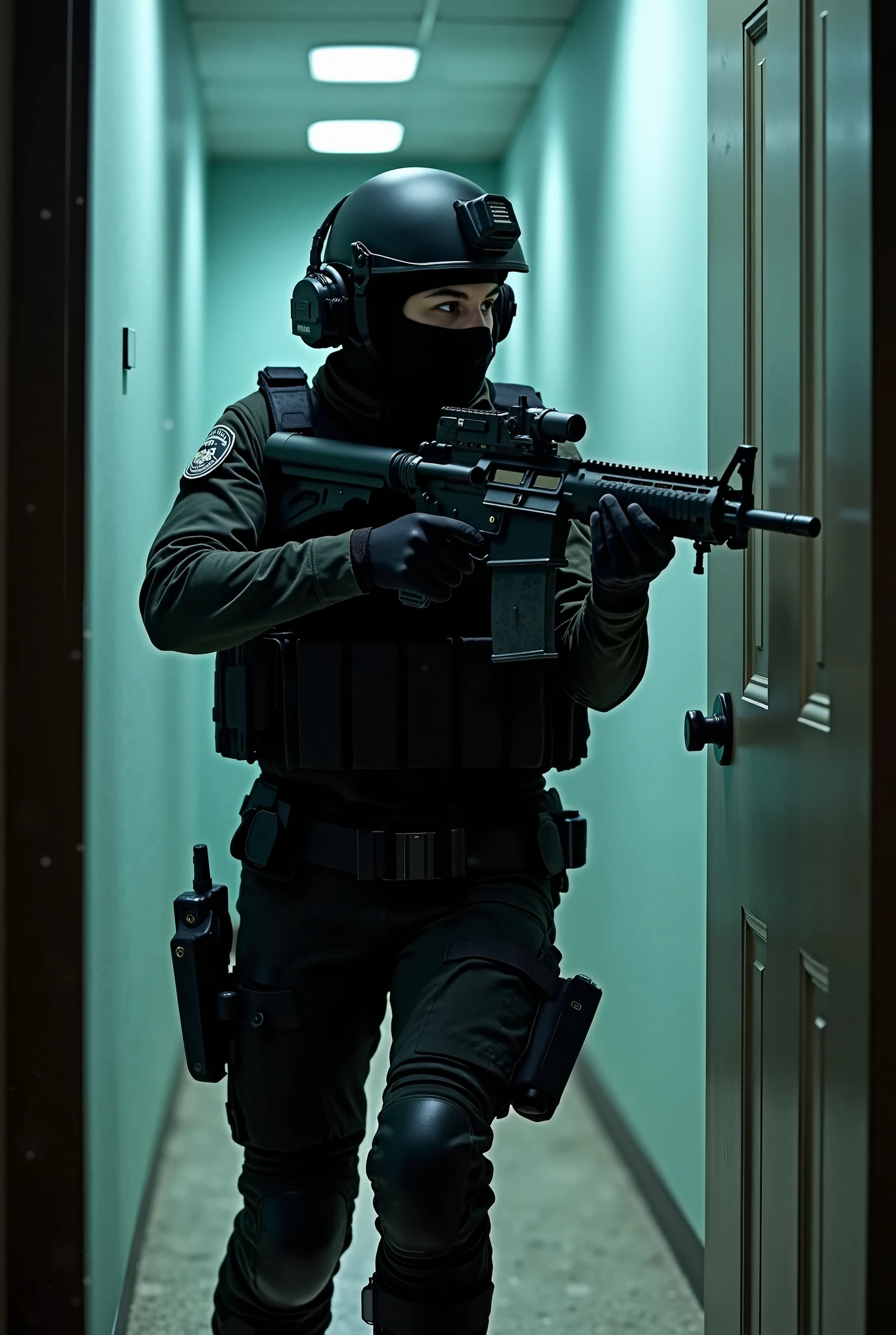 Arafed soldier in a black uniform with a gun in a hallway - SeaArt AI