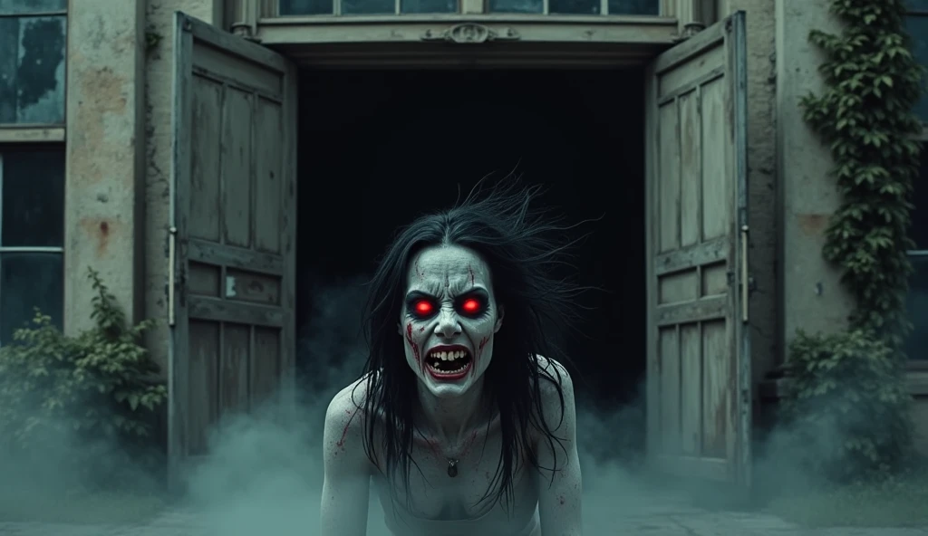 **"A terrifying female ghost with glowing red eyes and wild, flying ...