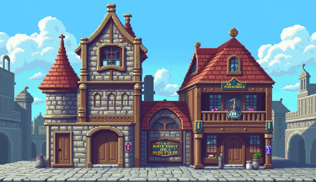 In pixel style and for a fantasy game, create a scenario about a guild ...