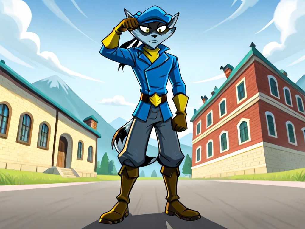 Sly Cooper, (hand drawn racoon thief, in concerned walking pose - SeaArt AI