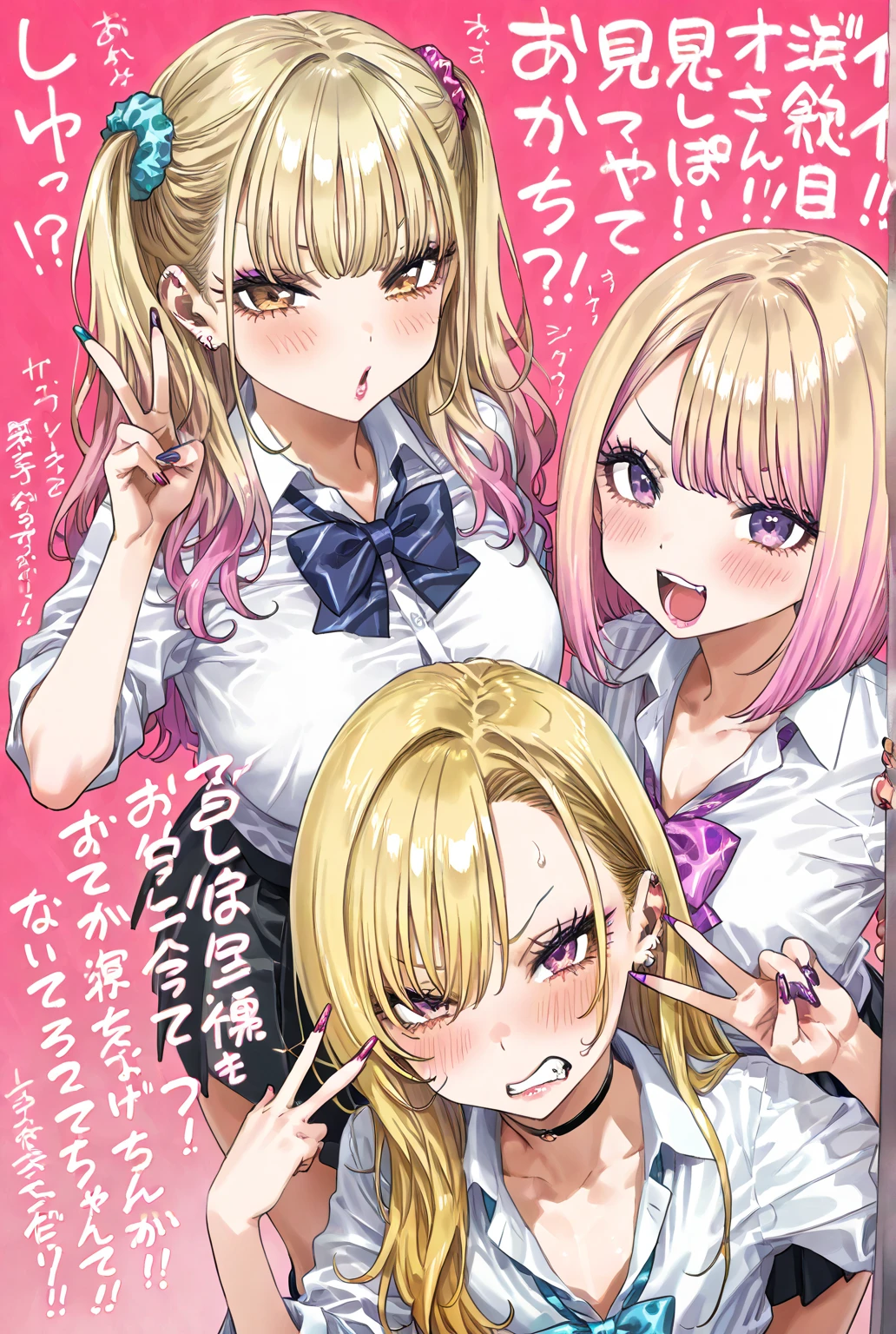 Gyaru,3girls,flat chest,v,upper_body,Tsundere、 - SeaArt AI