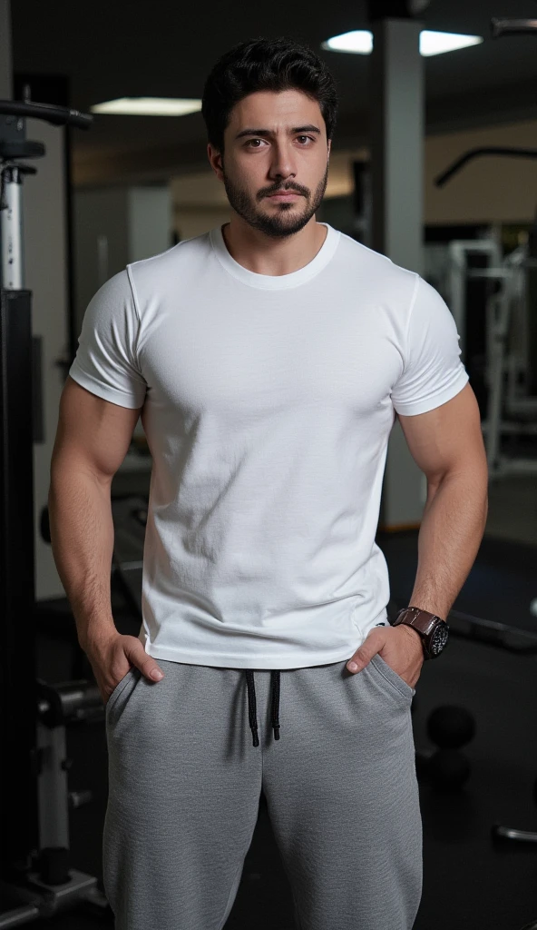 Two young handsome turkish guy with muscle, dark short hair and goatee ...