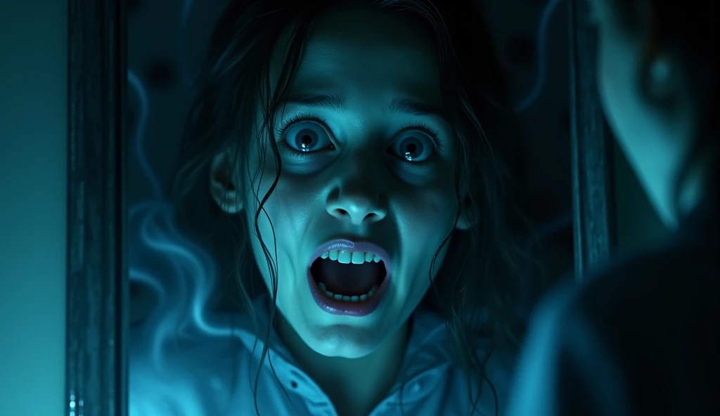 "A close-up of one twin's face, eyes wide with terror, as they stare ...