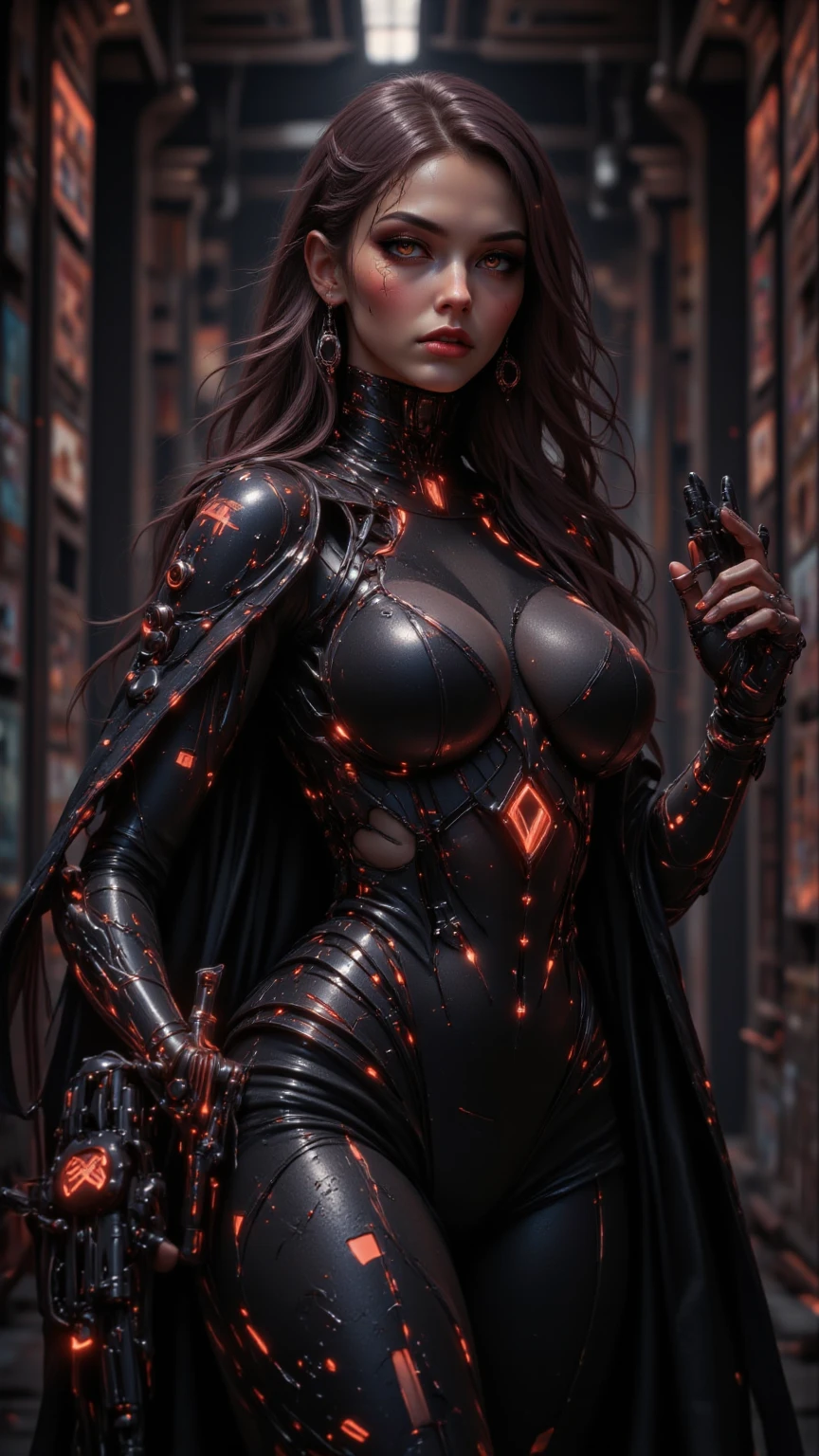 Futuristic and smooth electronic female body black cloak armor - SeaArt AI