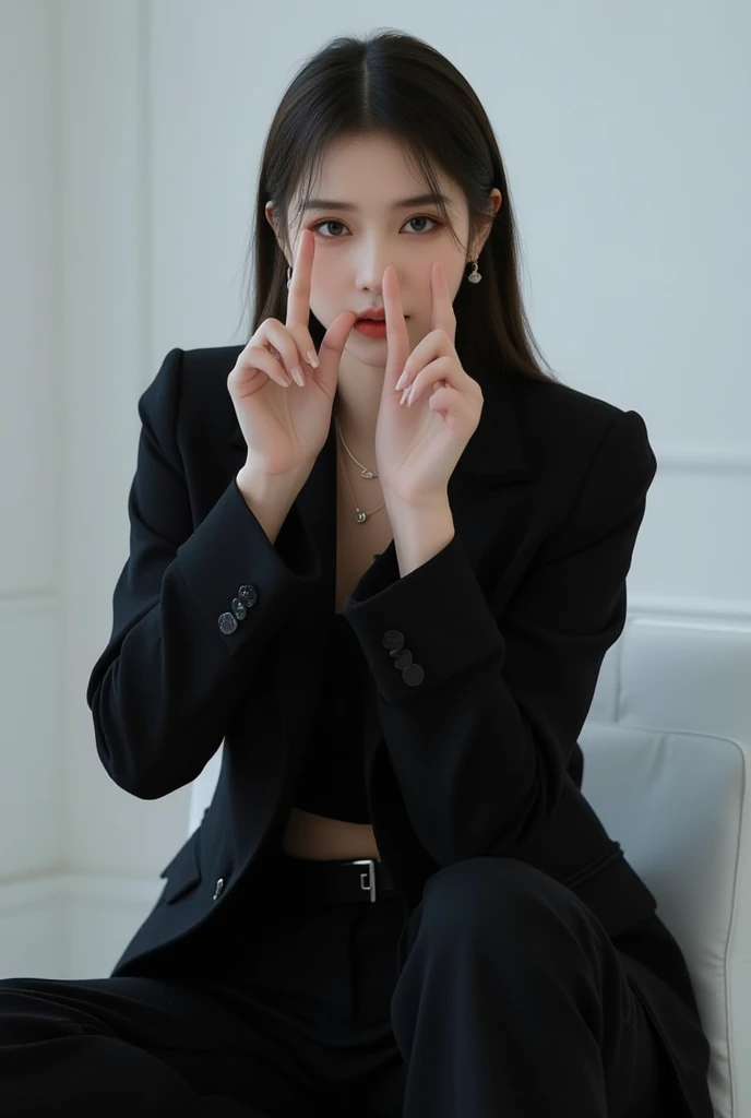 A woman sitting in fashionable clothes is facing me and making peace ...