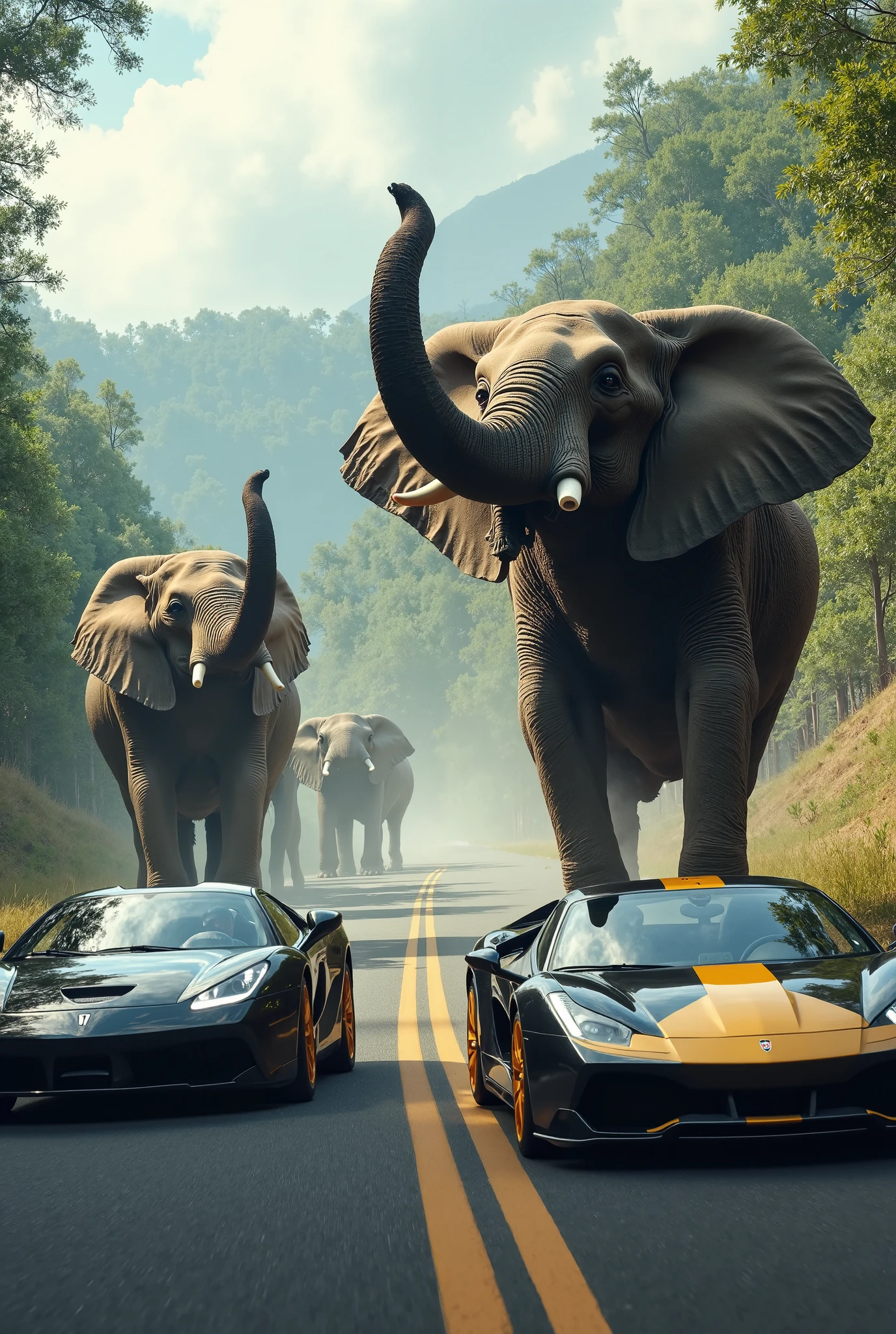 Elephants and lambos on the road with a car in front of them - SeaArt AI