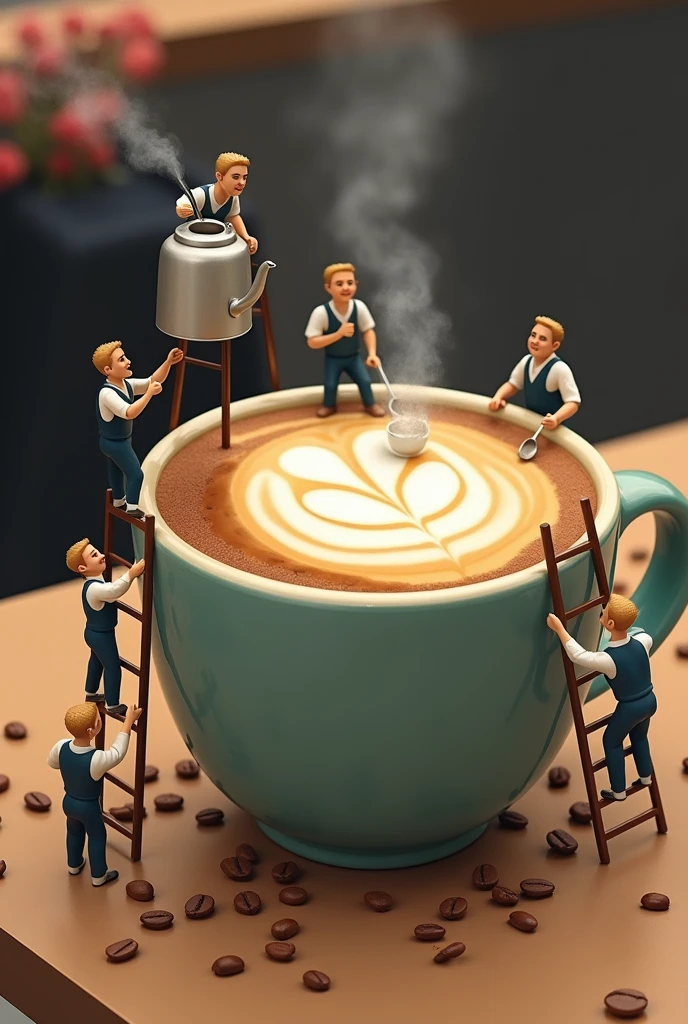 “A group of tiny men, dressed as miniature baristas, working together ...