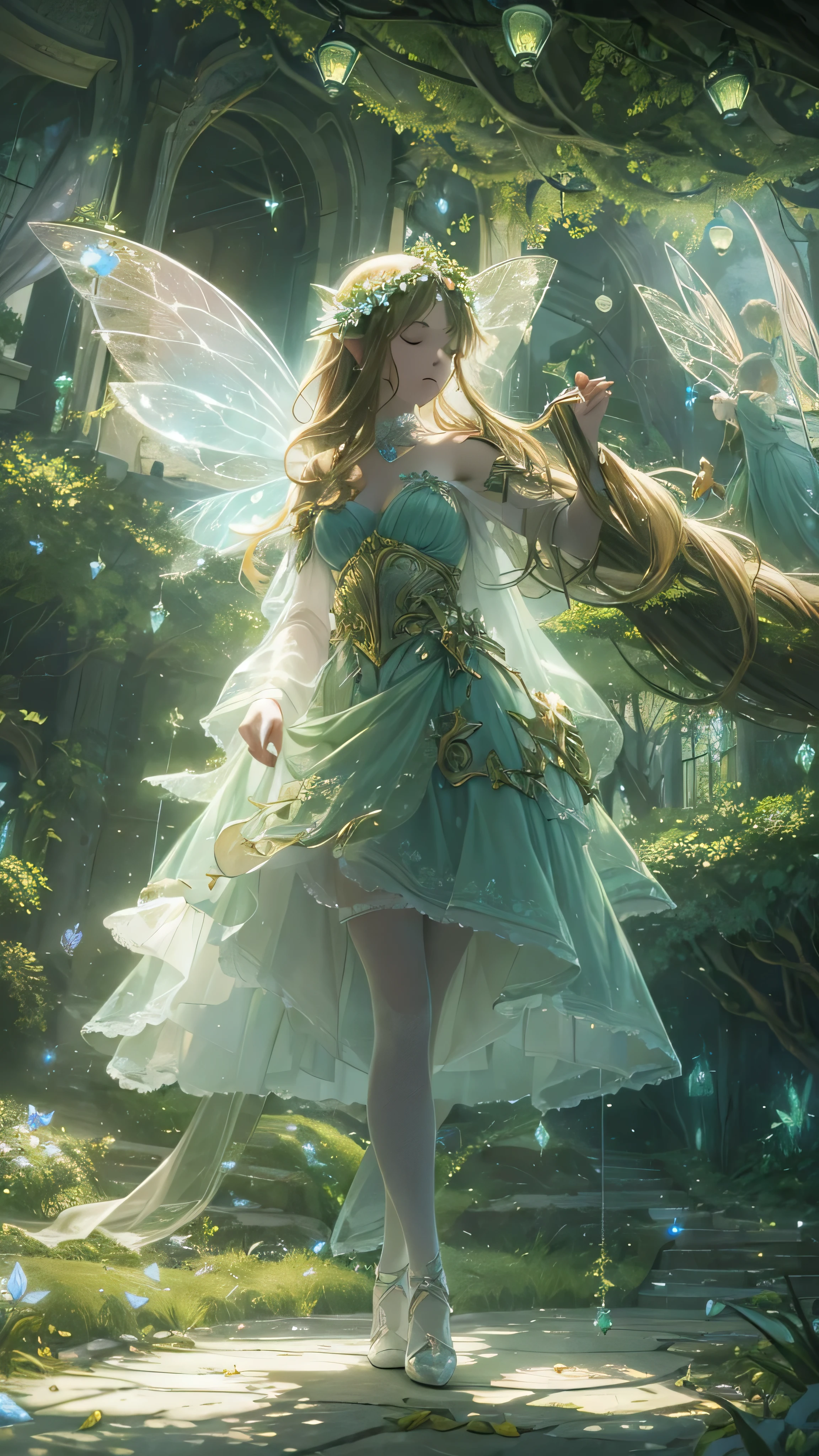 Anime fairy with wings and a green dress walking through a forest ...