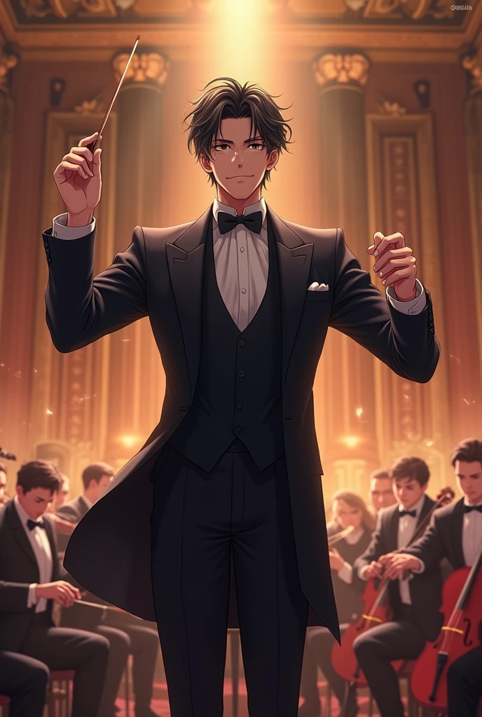 Anime Guy maestro wearing black suit and waving with his stick - SeaArt AI