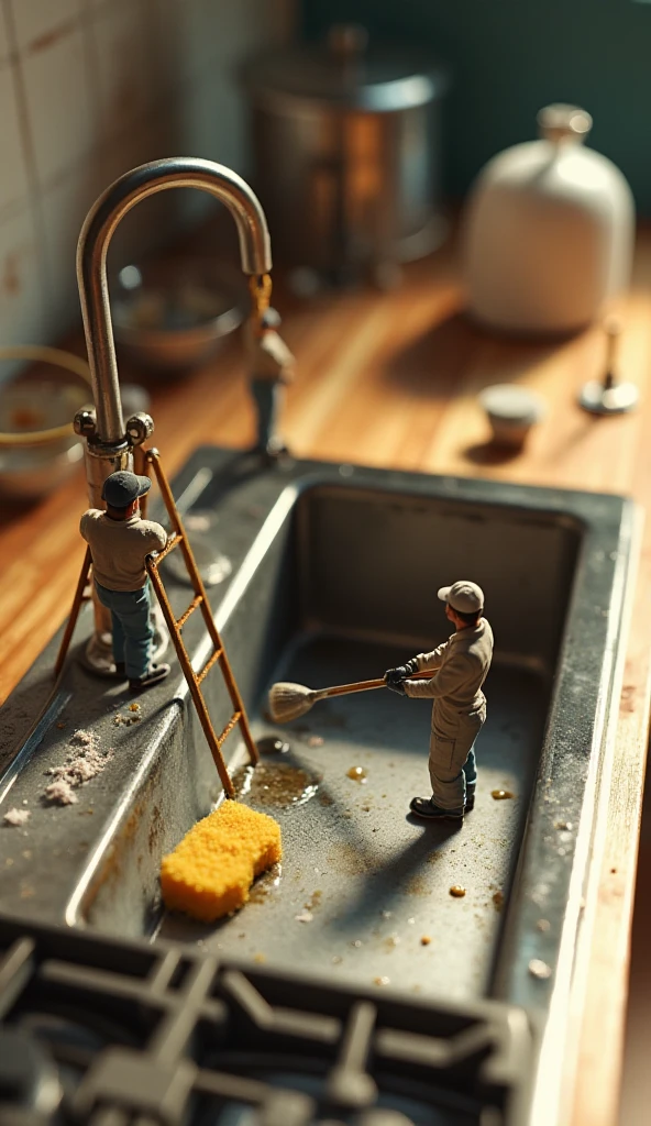 A highly detailed, realistic image of miniature workers cleaning a ...