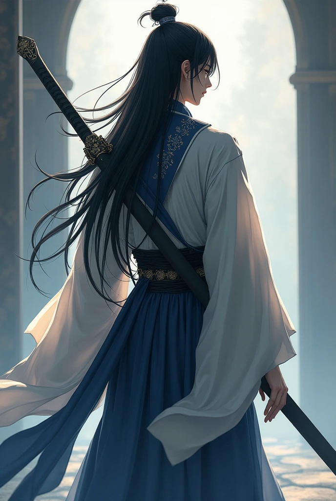Create an anime man from behind , who carries a sword on his back ...