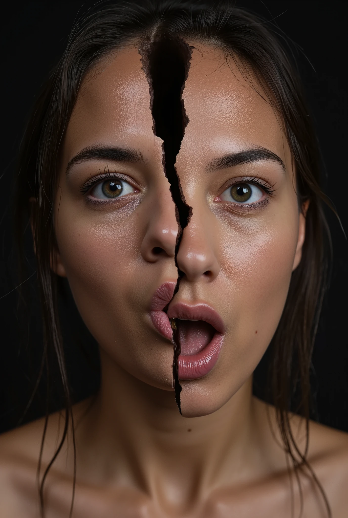 Arafed woman with a broken face and a black background - SeaArt AI