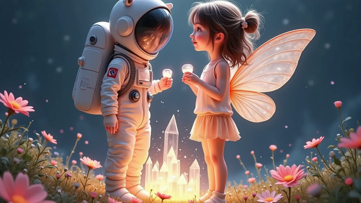 A whimsical love story scene ： A little astronaut and a fairy - SeaArt AI