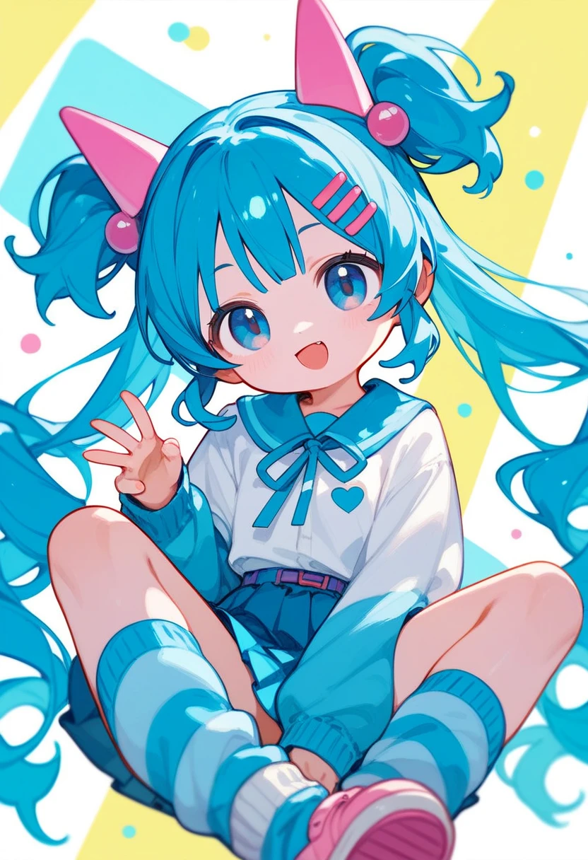 cute blue haired kawaii chibi style girl with twin tails, skirt and leg ...