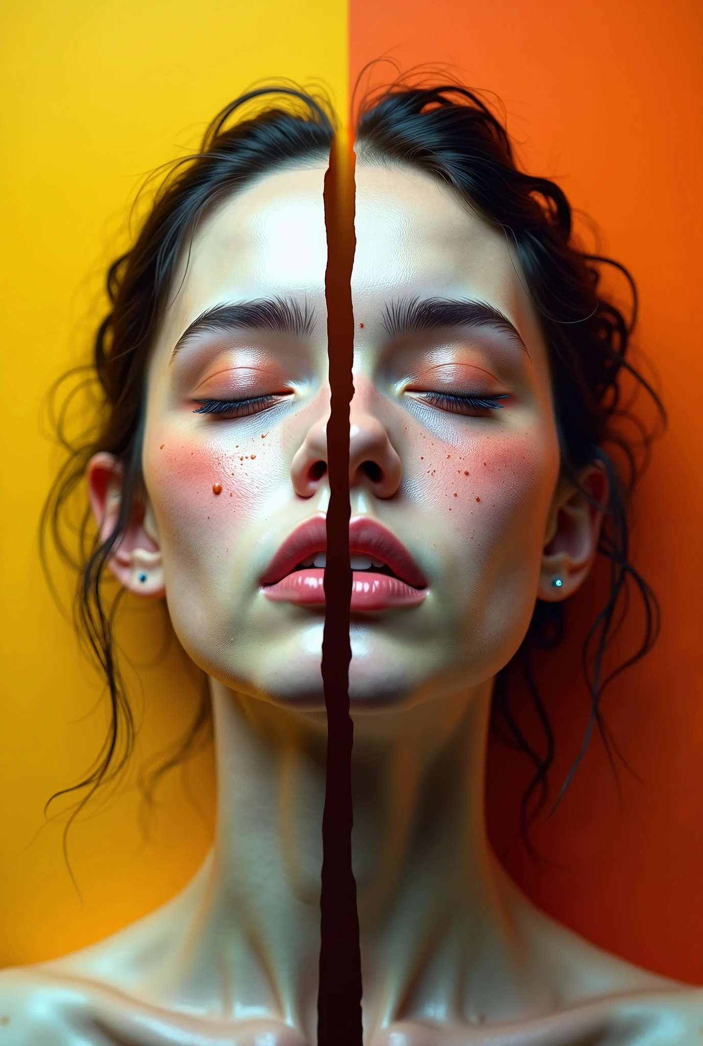 There is a woman with her eyes closed and her face half covered - SeaArt AI