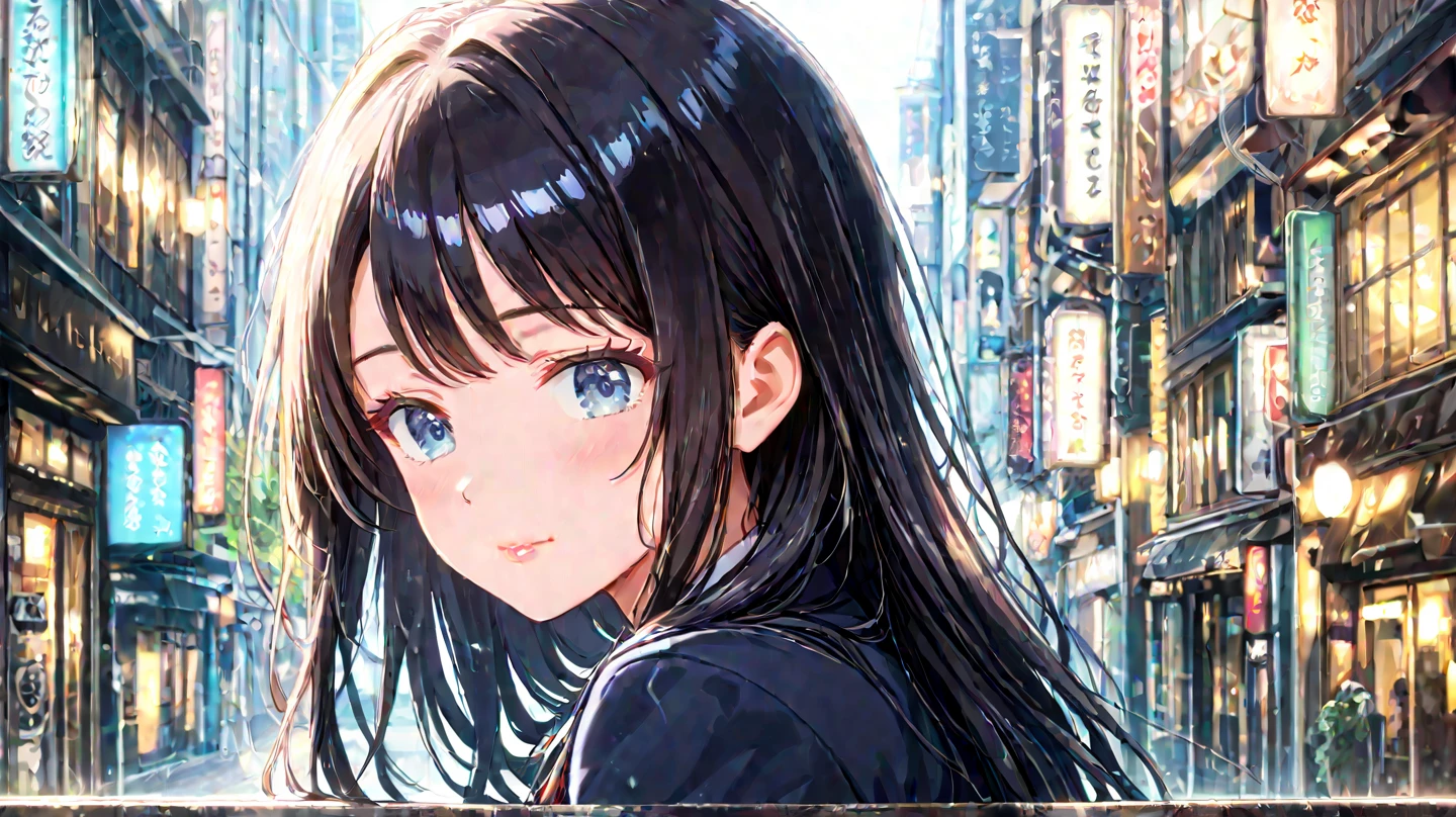 High school girl wearing a blazer smiles, glossy black hair, beautiful ...
