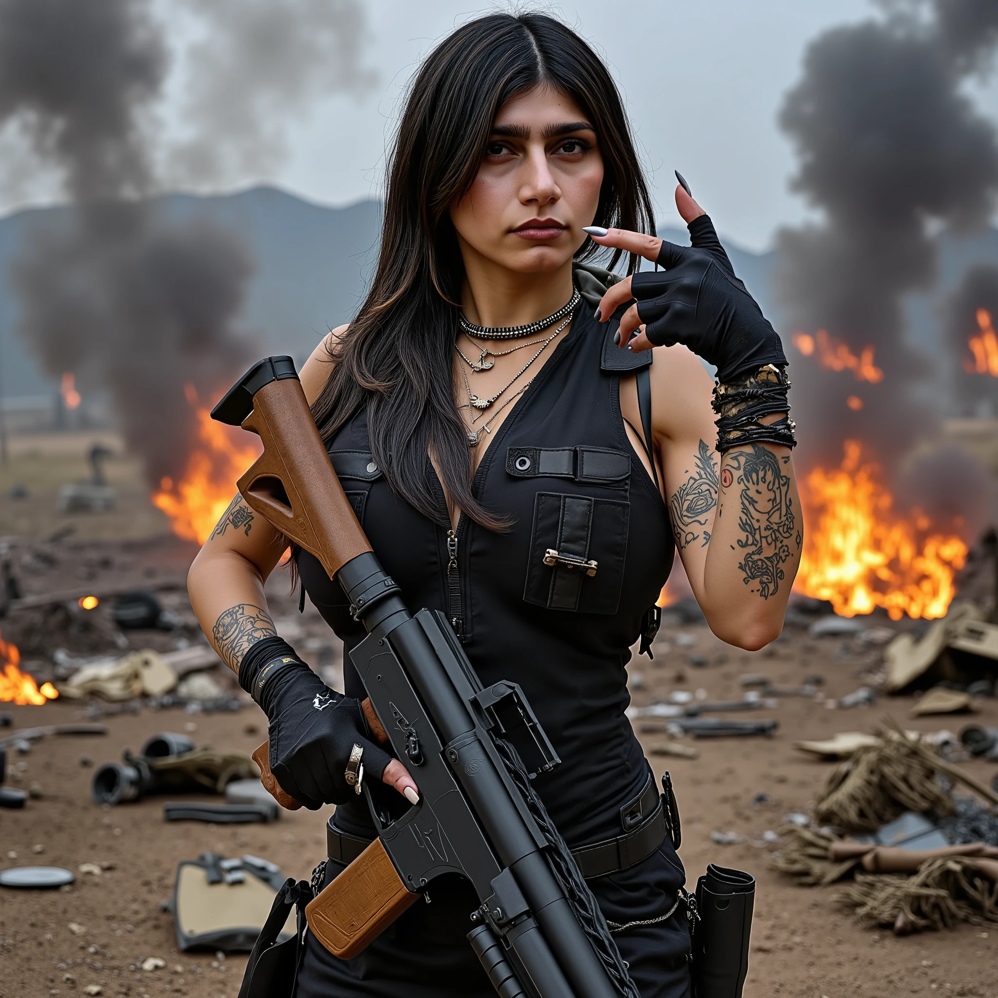 There is a woman holding a gun in front of a fire - SeaArt AI