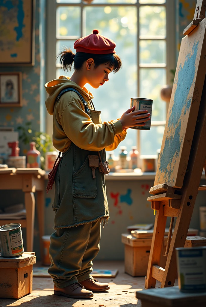 Painter reviewing a can of paint - SeaArt AI