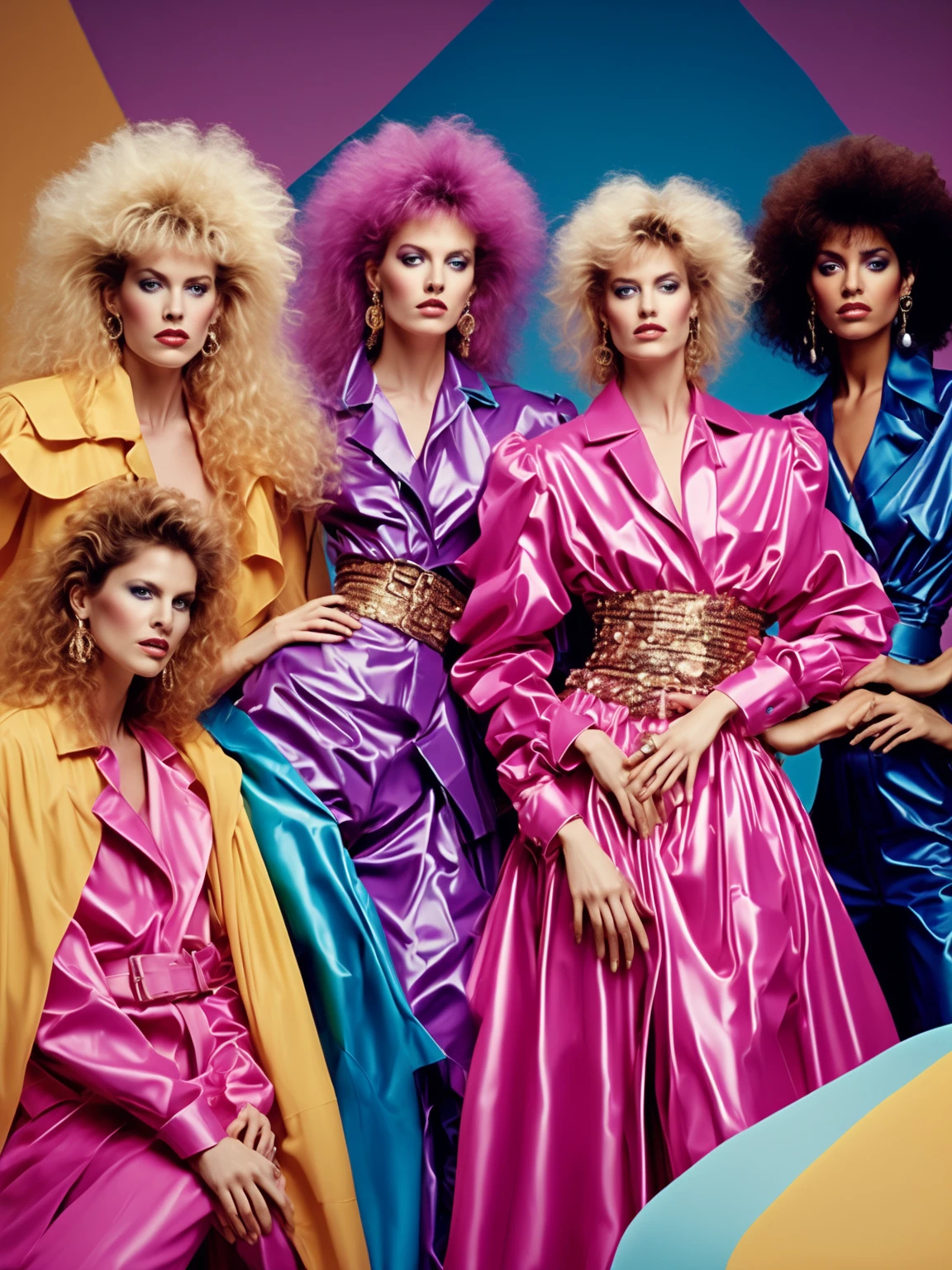 Four women are realistic photo in vibrant, 80s-inspired fashion - SeaArt AI