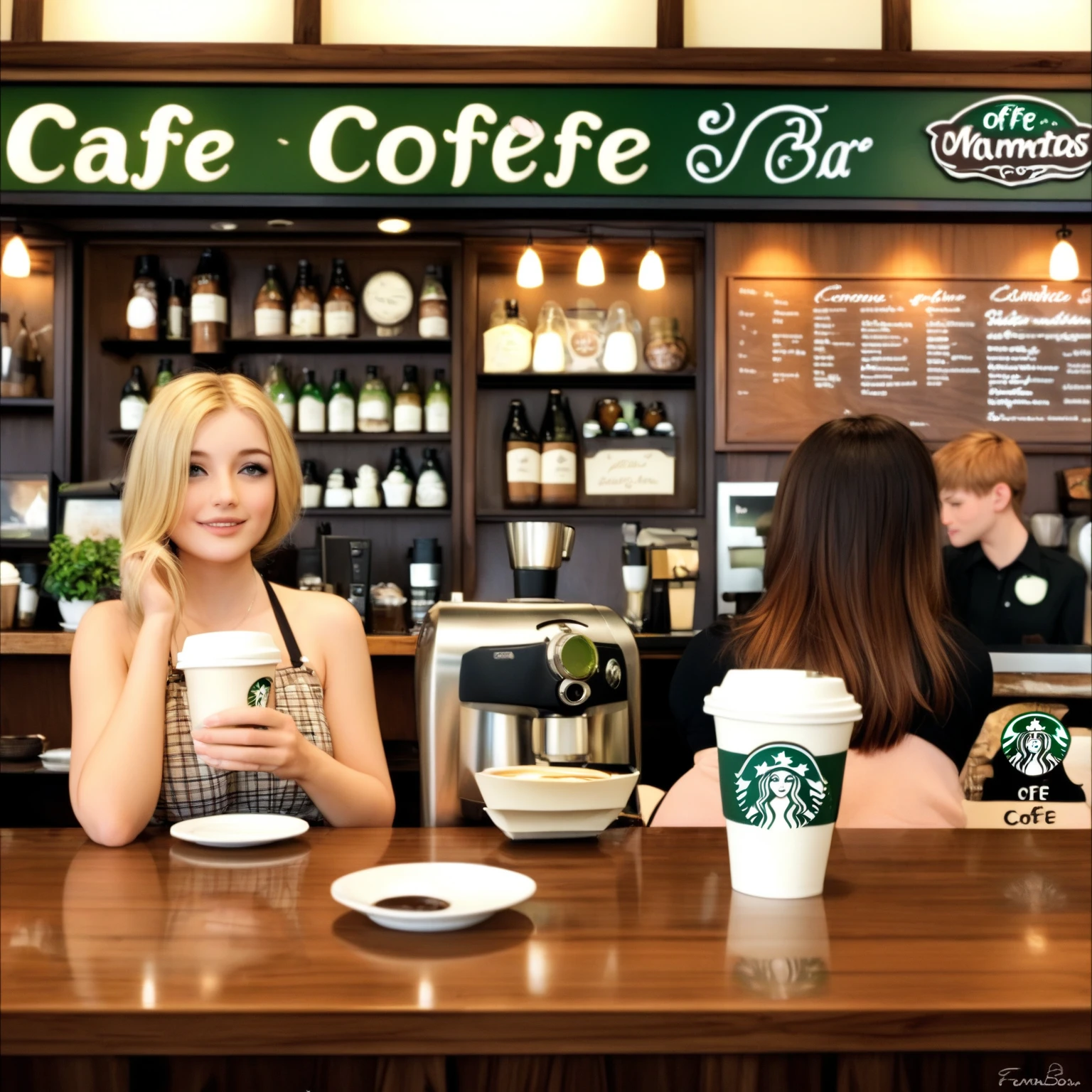 Create a coffee shop scene with signs written coffee in a daily shade ...