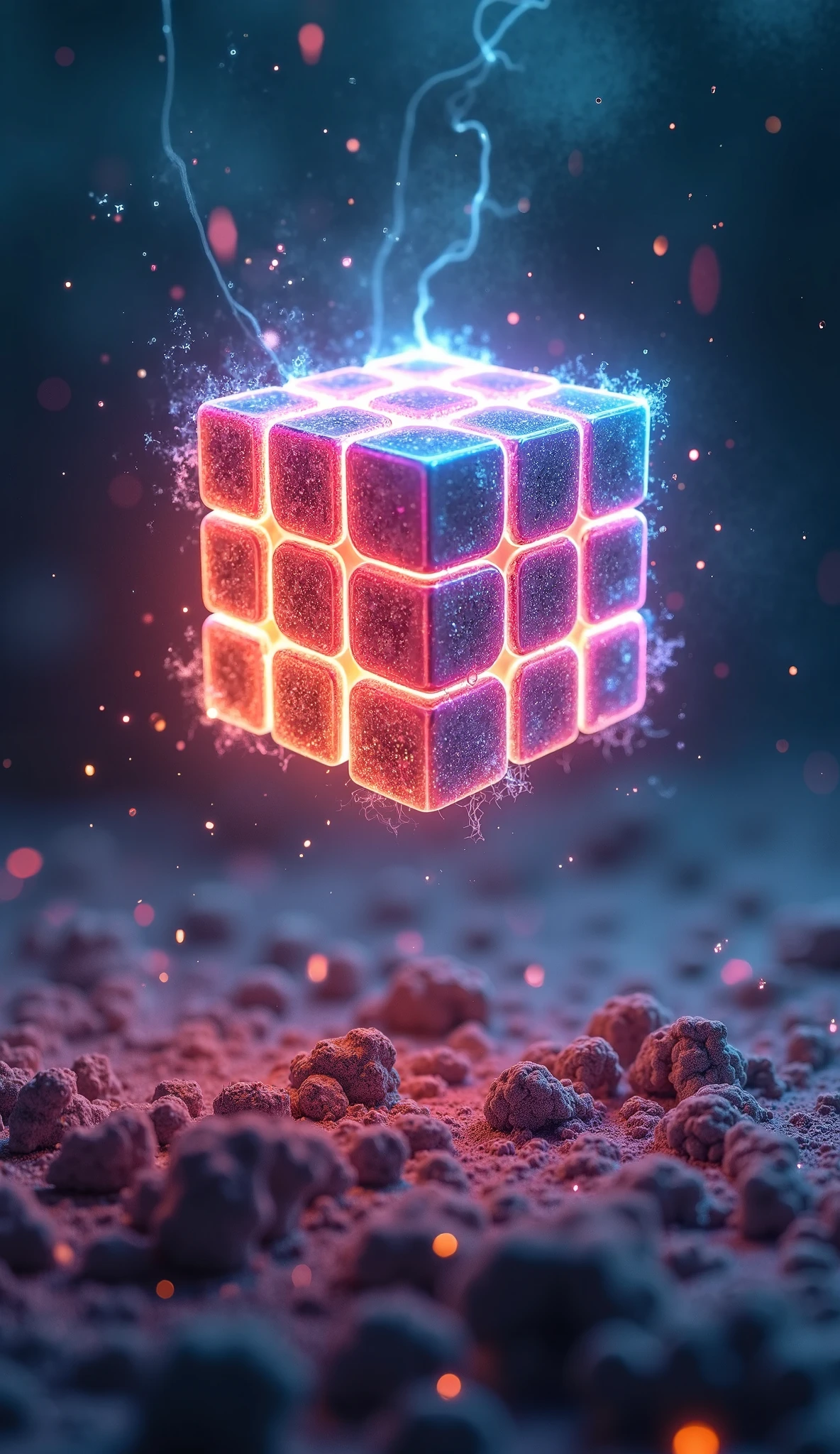 A close up of a glowing cube on a pile of rocks - SeaArt AI