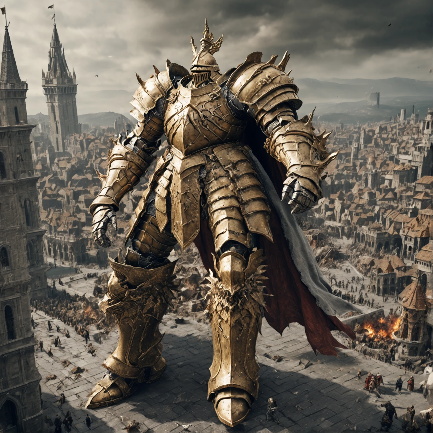 A colossal knight clad in full golden armor towers over a medieval city ...