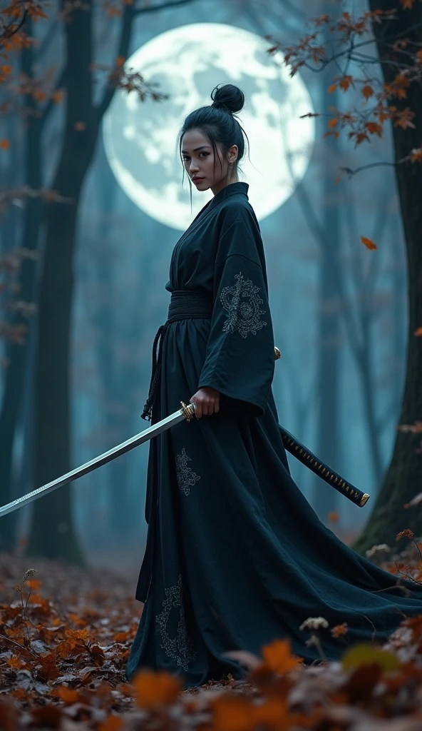 A fierce female warrior stands in an enchanted forest during a moonlit ...