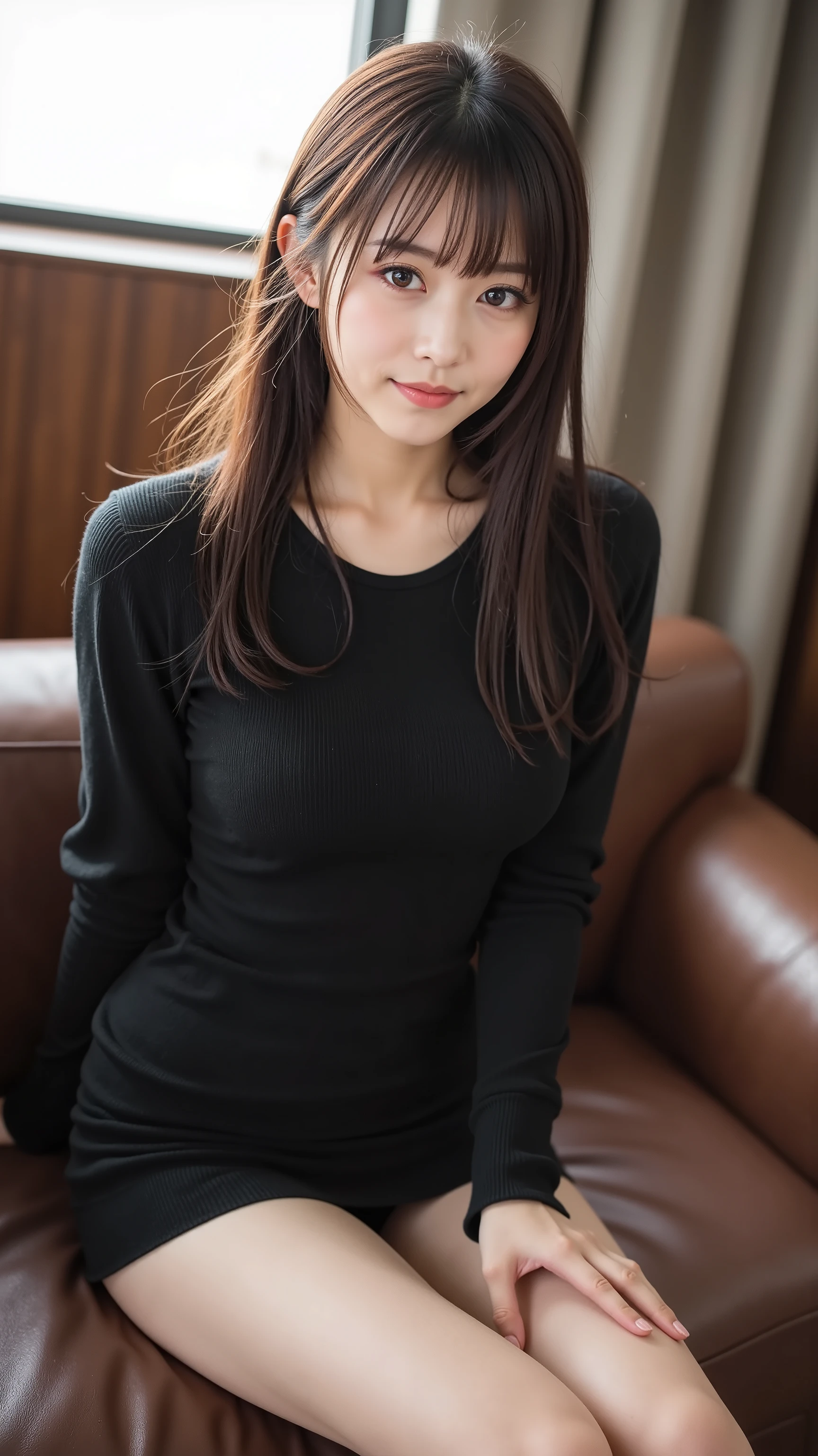 Arafed asian woman sitting on a couch in a black dress - SeaArt AI