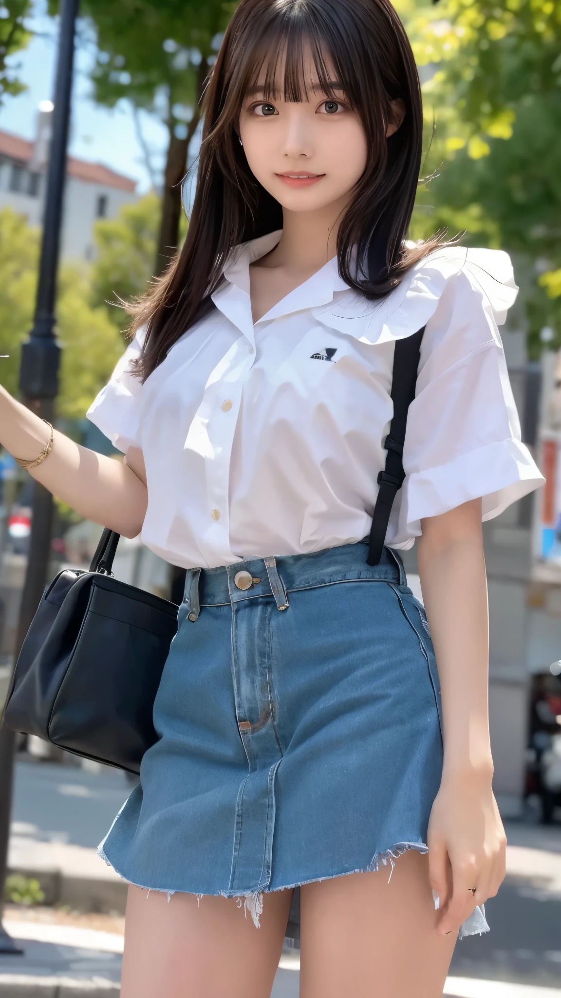 Araffe asian woman in a white shirt and blue denim skirt - SeaArt AI