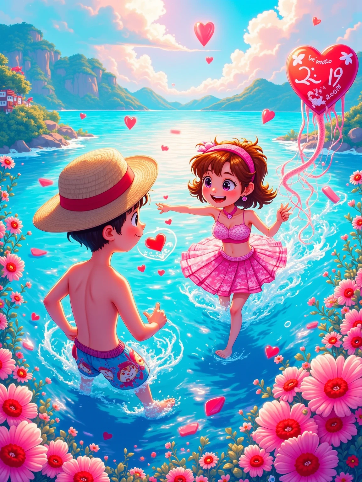 Chibi couple chasing through gradient coral shallows, girl's bikini ...